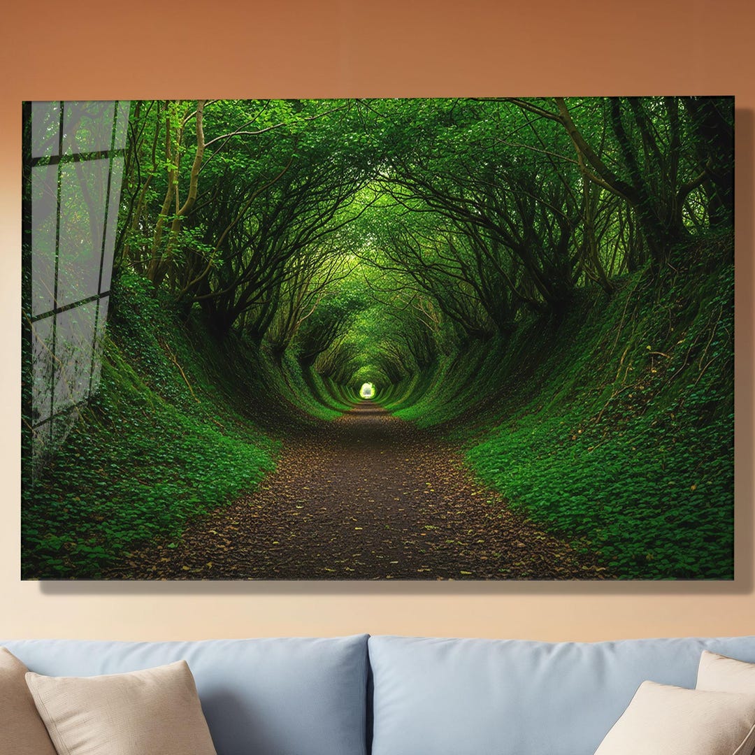Mystical Forest Path Tempered Glass Wall Art – Green Nature Tunnel ...