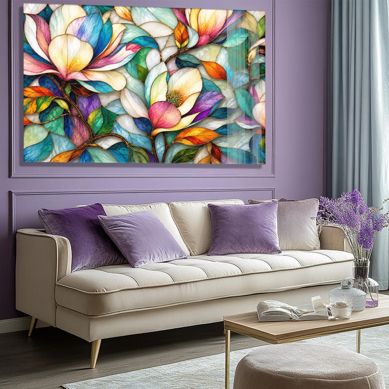 Colorful Stained Glass Floral Tempered Glass Wall Art, Modern Botanical ...