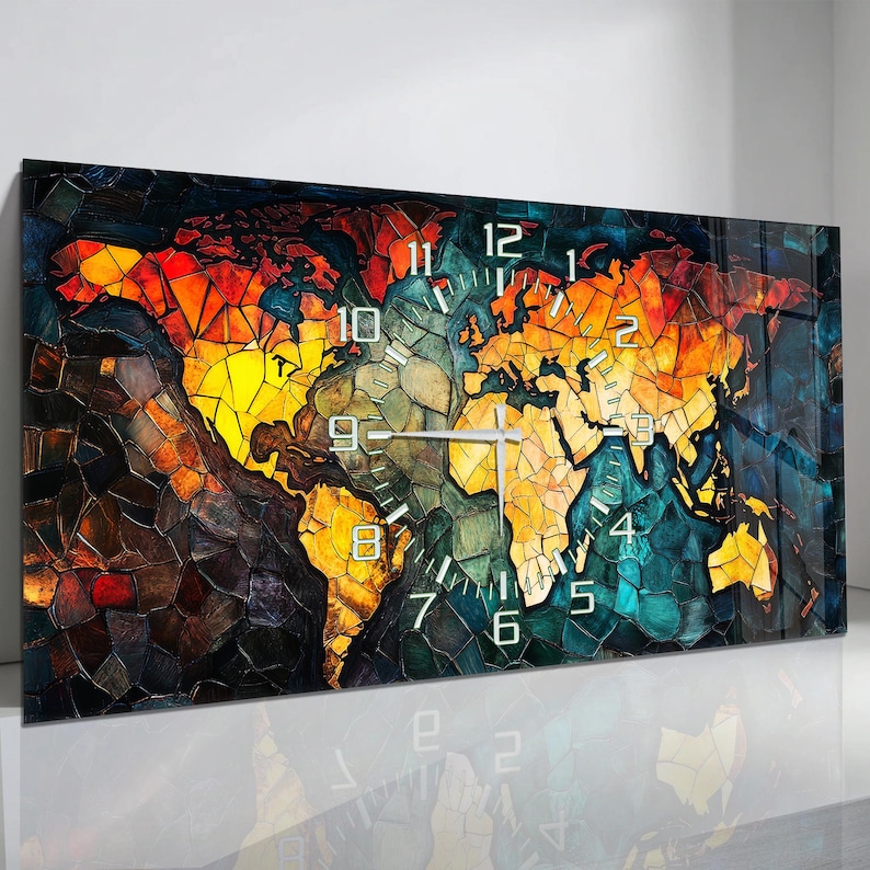 World Map Clock on Tempered Glass Wall Art - Modern Mosaic World Map ...