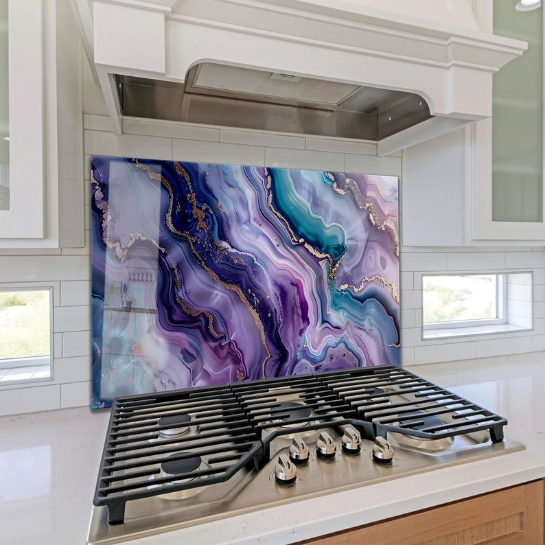 Purple Marble Glass Wall Art: Abstract Gold Veins, Tempered Glass - Etsy