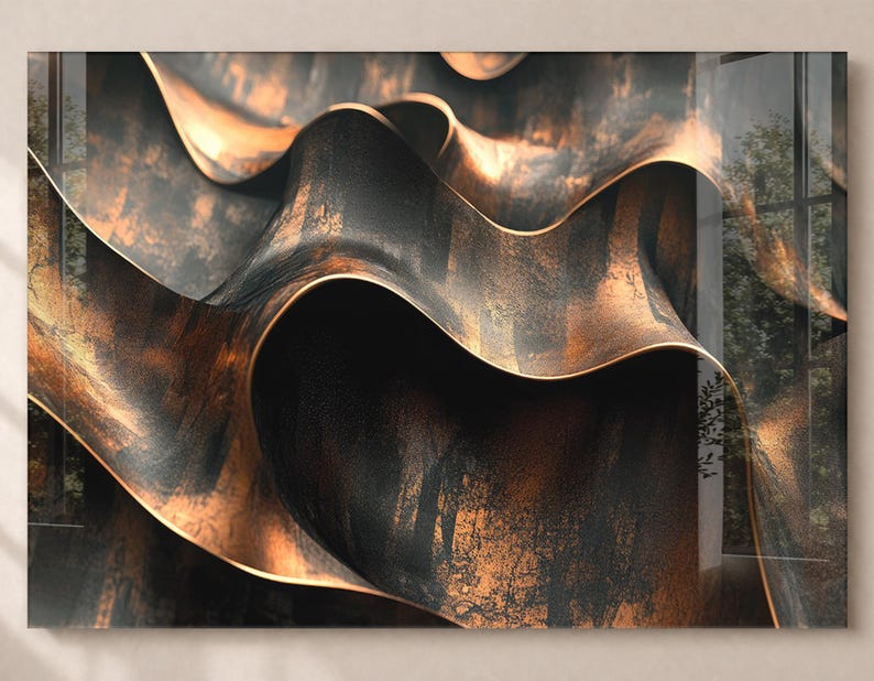 Rustic Copper Abstract Tempered Glass Wall Art – Metallic Wave Design ...