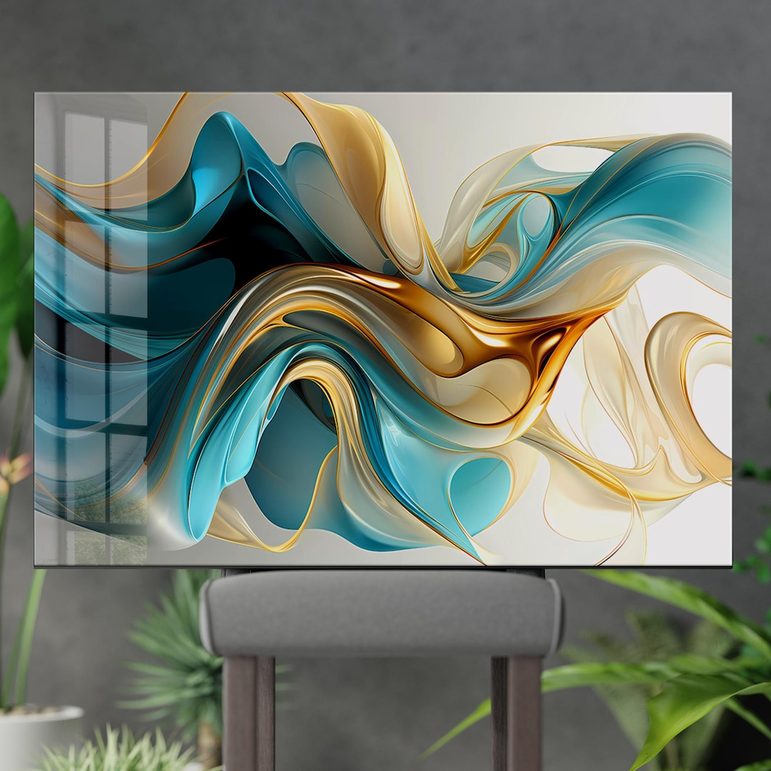 Turquoise Gold Abstract Tempered Glass Wall Art: Modern Fluid Print - Etsy