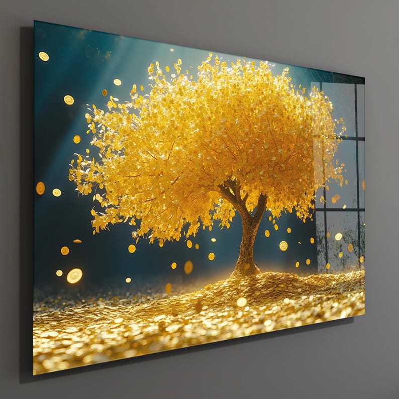 Golden Money Tree Feng Shui Tempered Glass Wall Art - Abundance & Luck ...