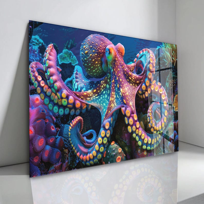 Colorful Octopus Glass Wall Art, Ocean Abstract Decor, 3D Effect ...