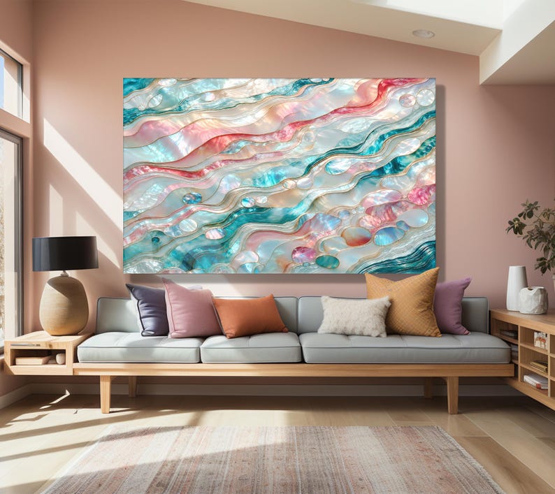 Teal Pink schillernde Perlenglas-Wandkunst, Perlmutt-Dekor, Abstrakte ...