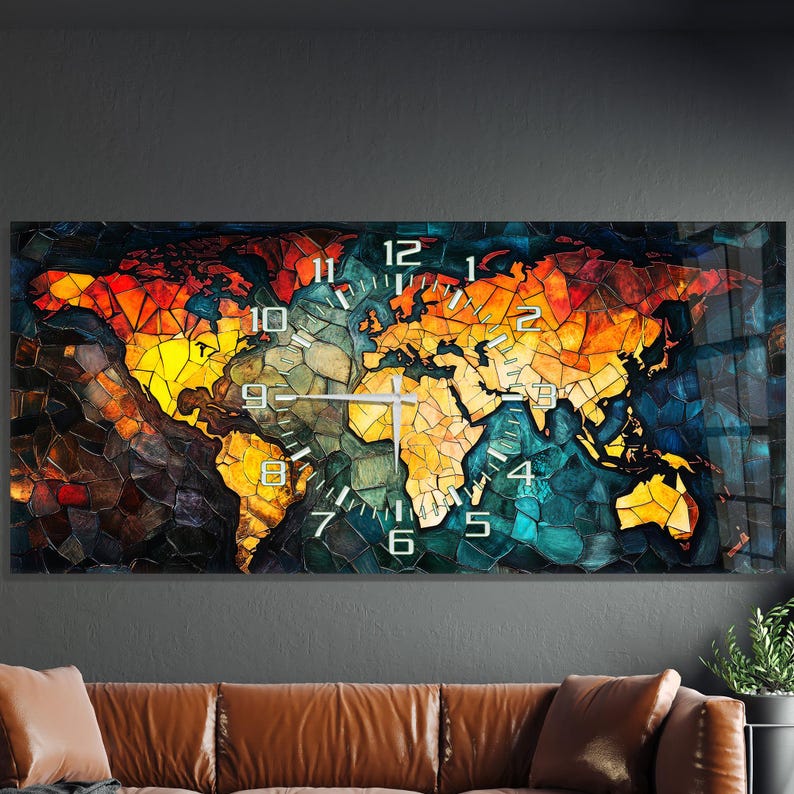 World Map Clock on Tempered Glass Wall Art - Modern Mosaic World Map ...