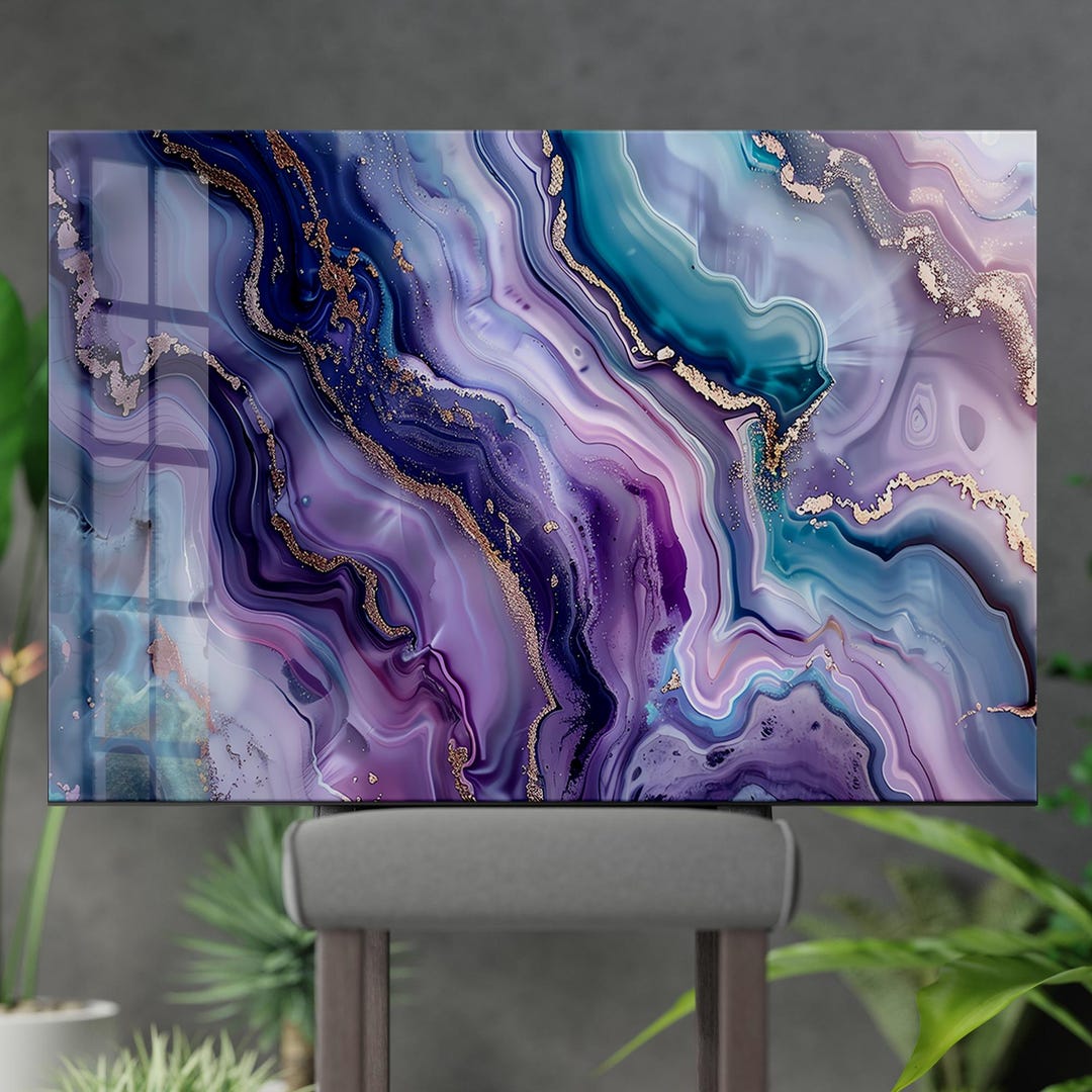 Purple Marble Glass Wall Art: Abstract Gold Veins, Tempered Glass - Etsy