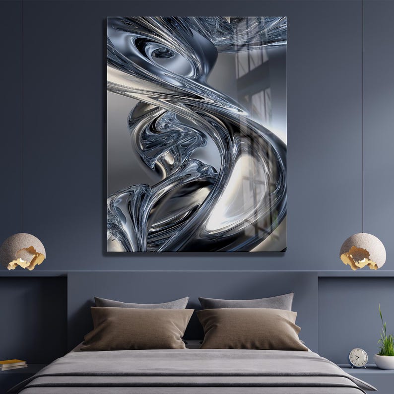 Silver Abstract Tempered Glass Wall Art: Modern Home Decor - Etsy