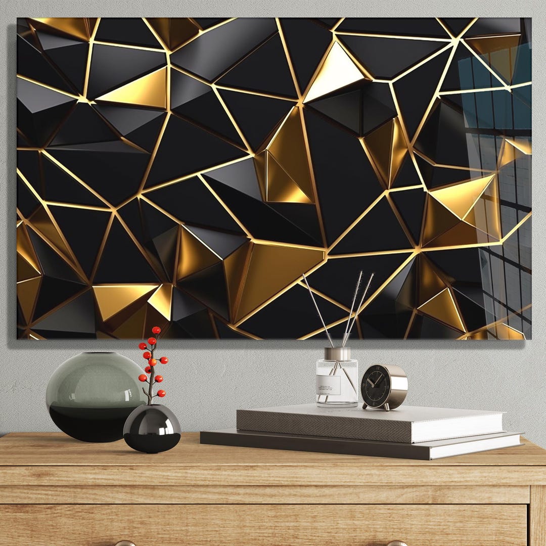 Geometric Gold Triangle Wall Art – Luxury 3D Effect Abstract Glass ...