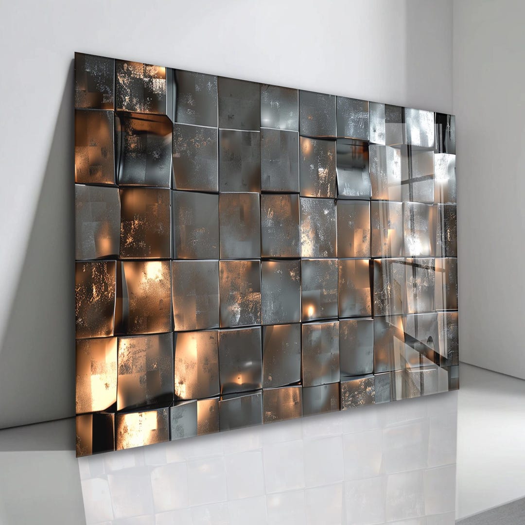 Tempered Glass Wall Art, Metallic Geometric Modern Decor, Contemporary ...
