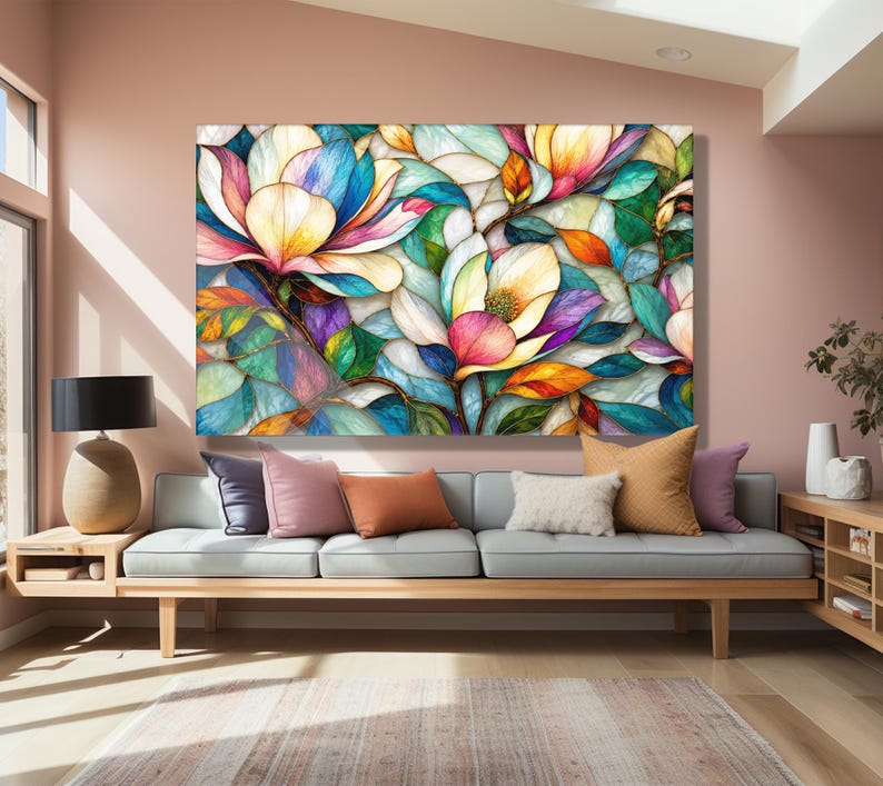 Colorful Stained Glass Floral Tempered Glass Wall Art, Modern Botanical ...