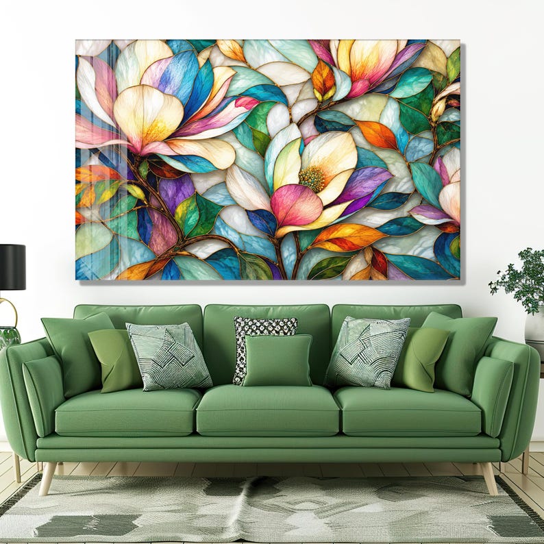 Colorful Stained Glass Floral Tempered Glass Wall Art, Modern Botanical ...
