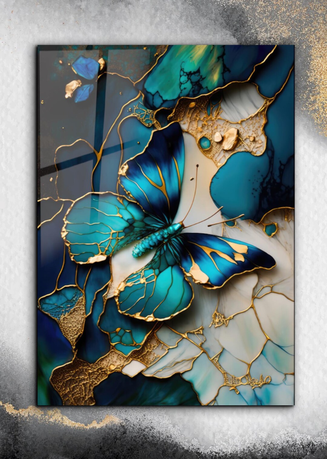 Blue Butterfly Alcohol İnk - Glass Wall Art - Butterfly Abstract ...