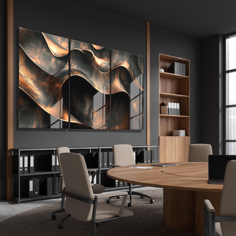 Rustic Copper Abstract Tempered Glass Wall Art – Metallic Wave Design ...