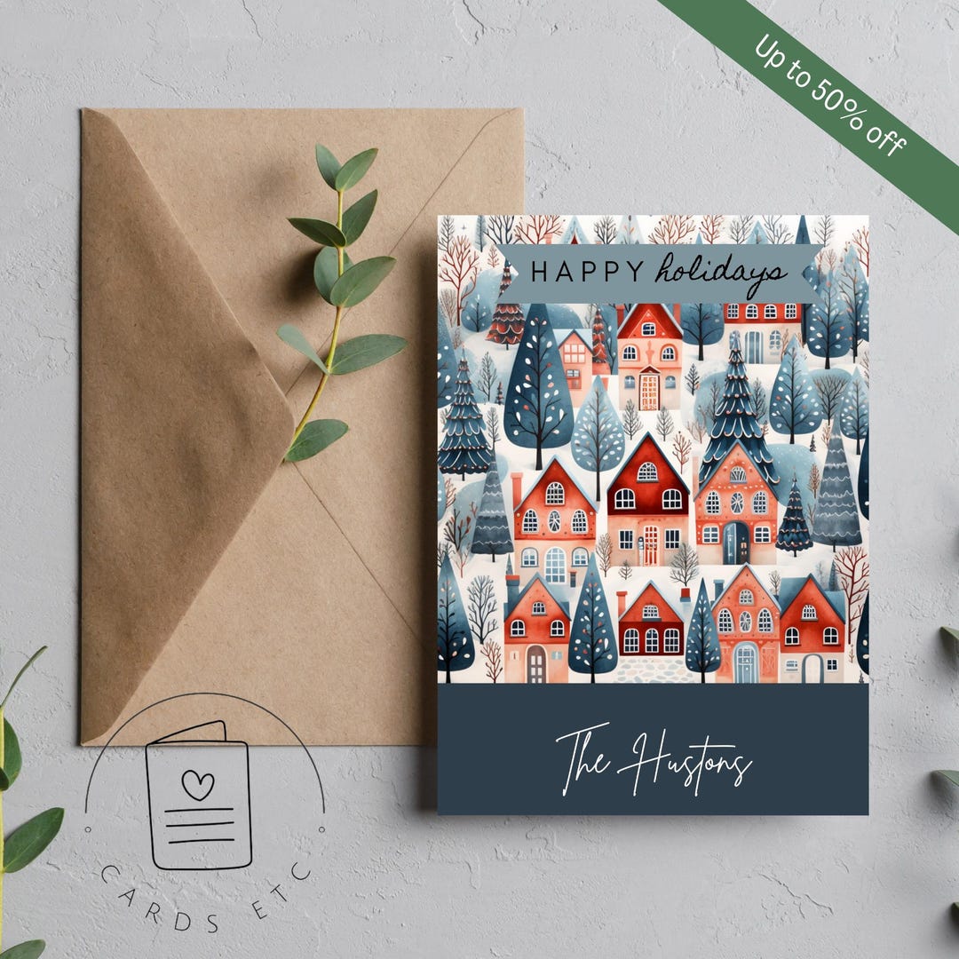 Happy Holidays Customizable Digital Greeting Card Winter Village Design ...