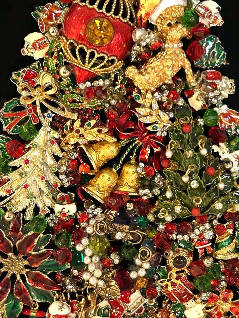 Gold/red OOAK Jeweled Framed Jewelry Art Christmas Tree Vintage With ...