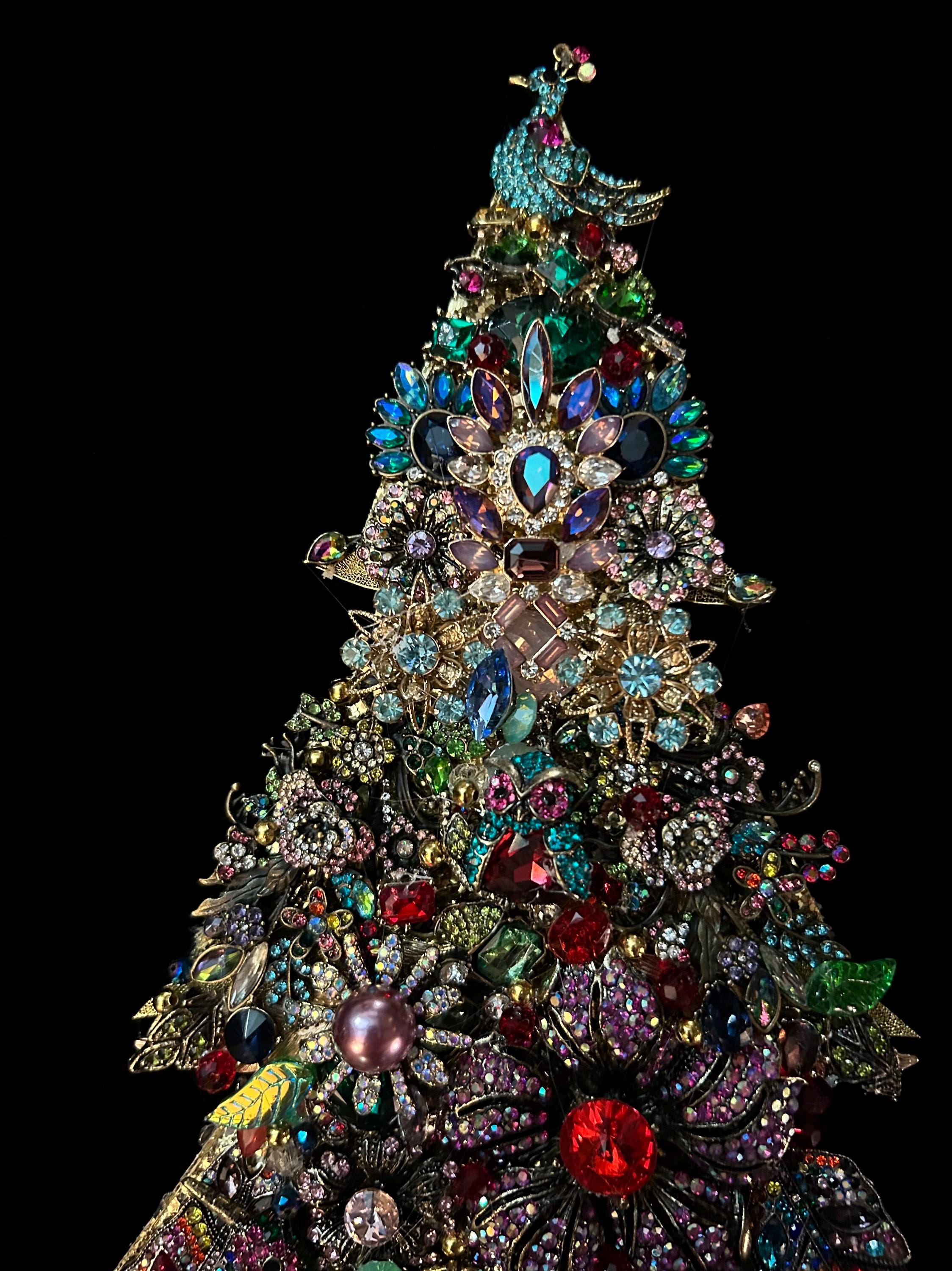 XL OOAK Jeweled Framed Jewelry Art Christmas Tree Rhinestone With Bird ...
