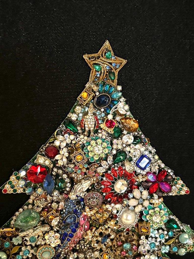 Large OOAK Jeweled Framed Jewelry Art Christmas Tree Vintage Rhinestone ...
