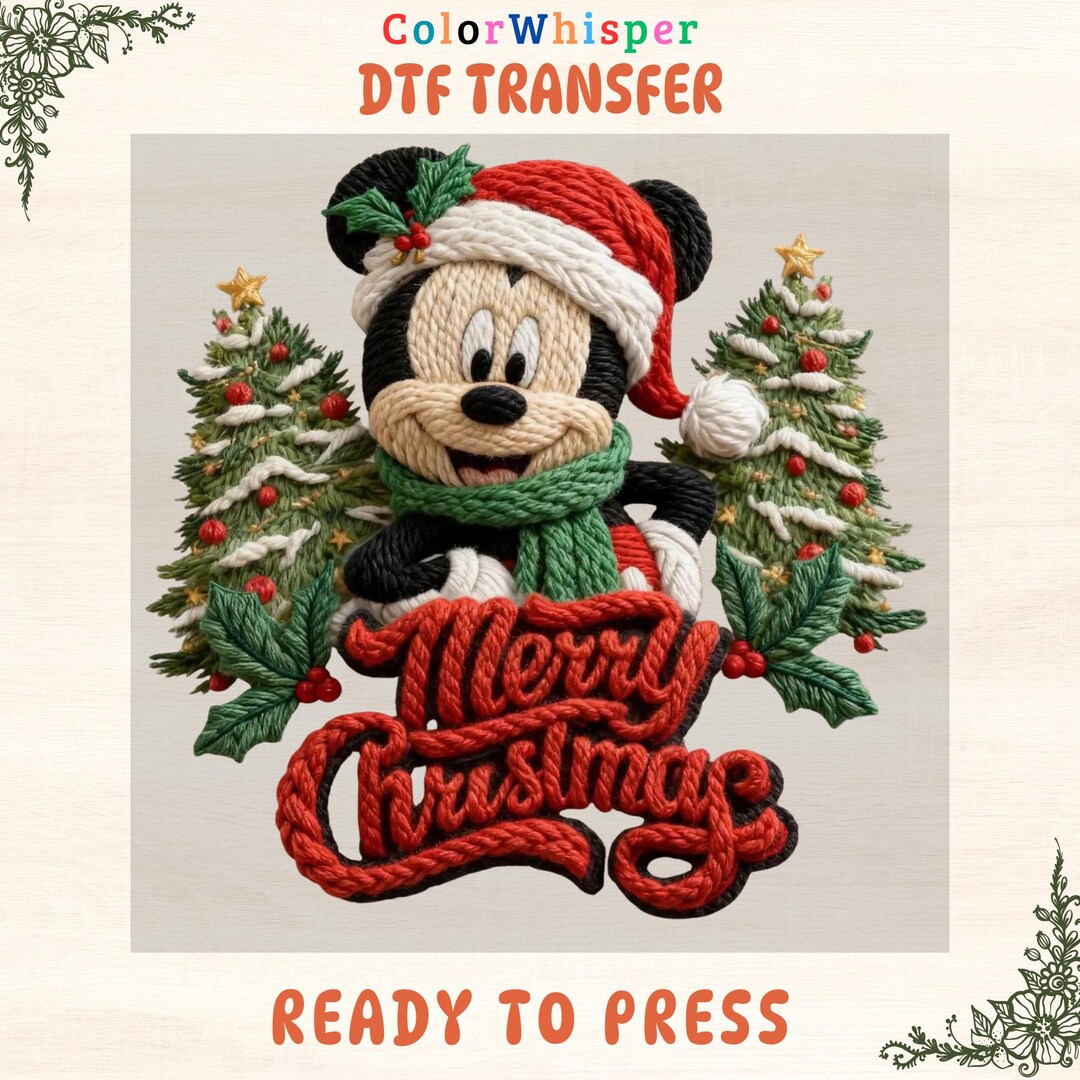 Minnie Mouse Christmas DTF Transfer: Holiday Crochet Yarn Style Iron On ...