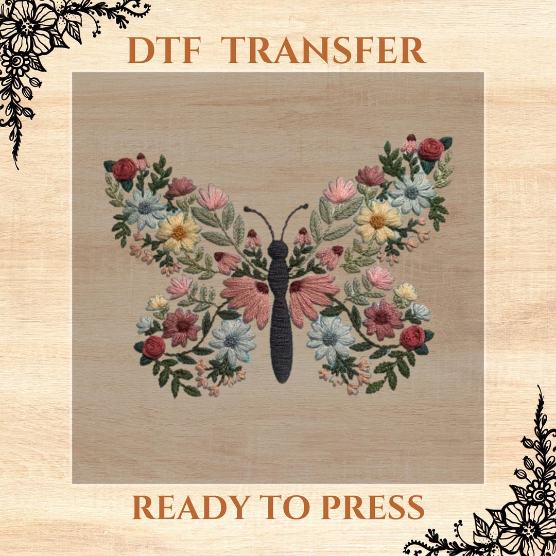 Colorful Floral Butterfly DTF Transfer I Embroidery Style Design Ready ...