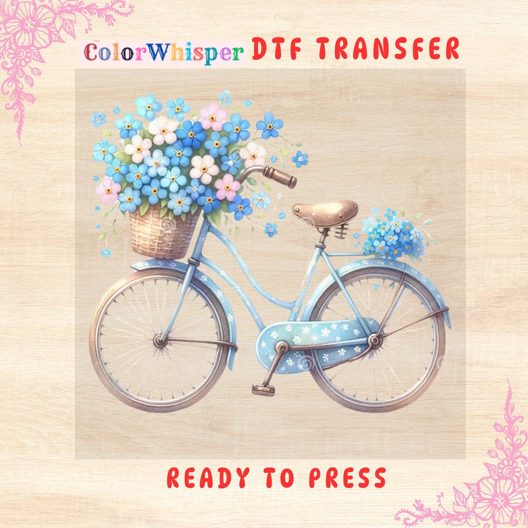 Bicycle DTF Transfer, Spring Floral Blue Bicycle Art Heat Transfer, DIY ...