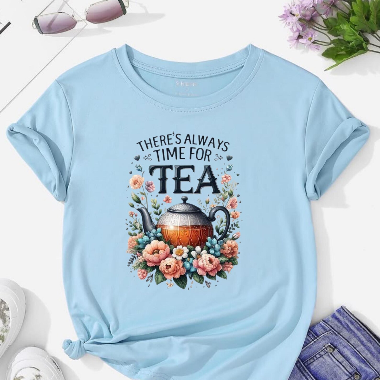 Tea Time Floral DTF Transfer: Ready to Press Shirt Design - Etsy