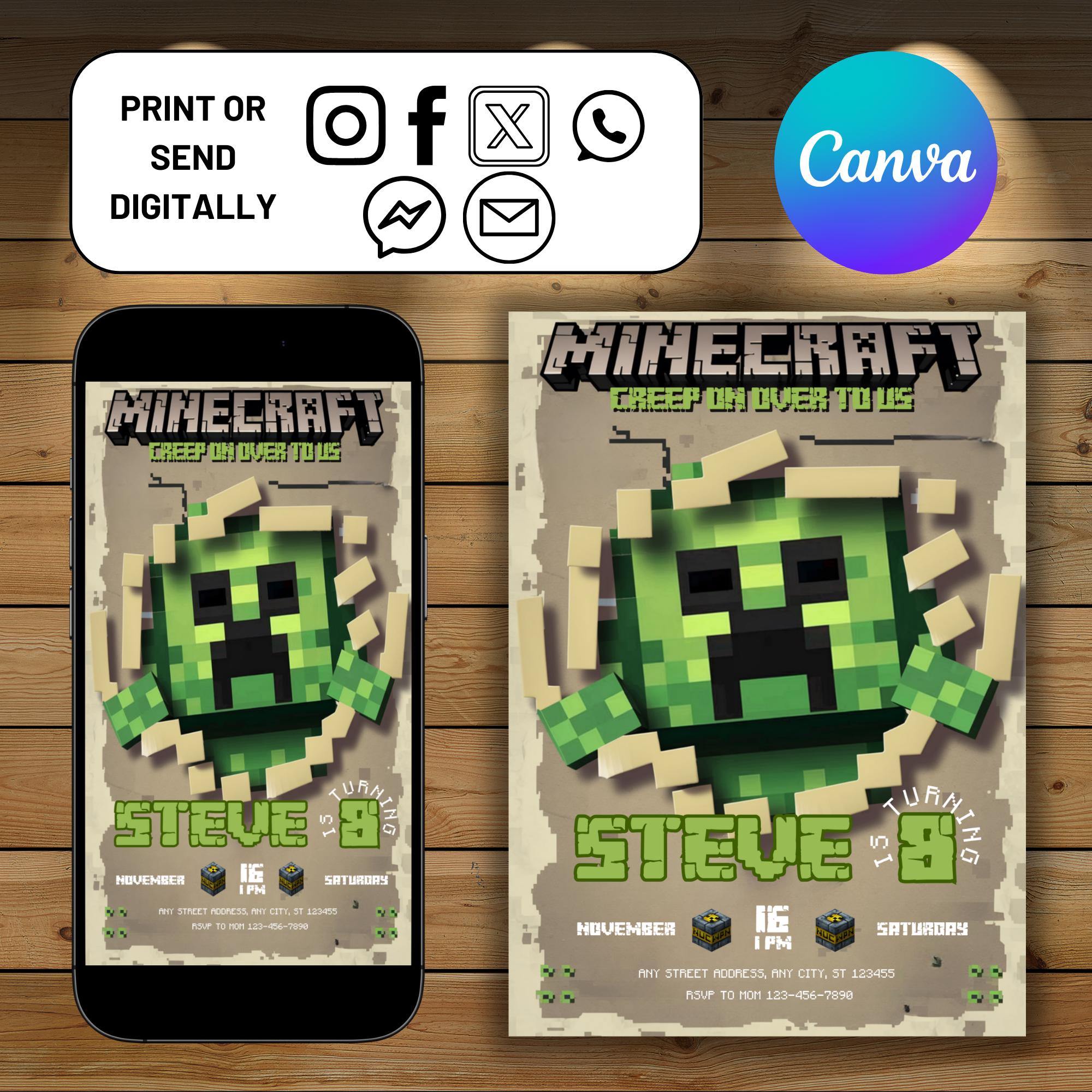 Minecrafter Birthday Invitation, Minecrafter Party, Creeper Invite ...