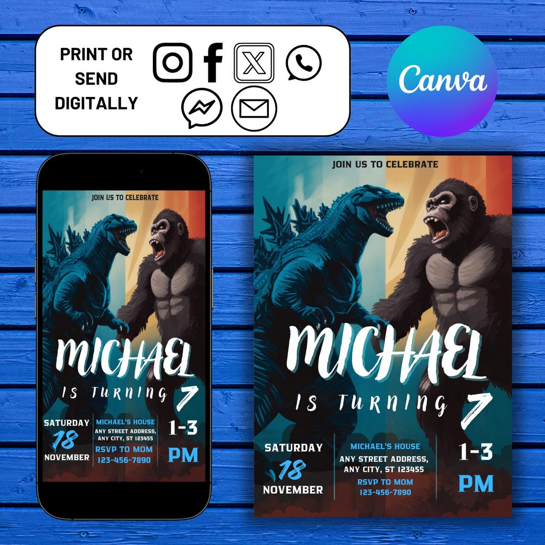 Godzilla Birthday Invitation, Godzilla Digital Invitation, Godzilla X ...