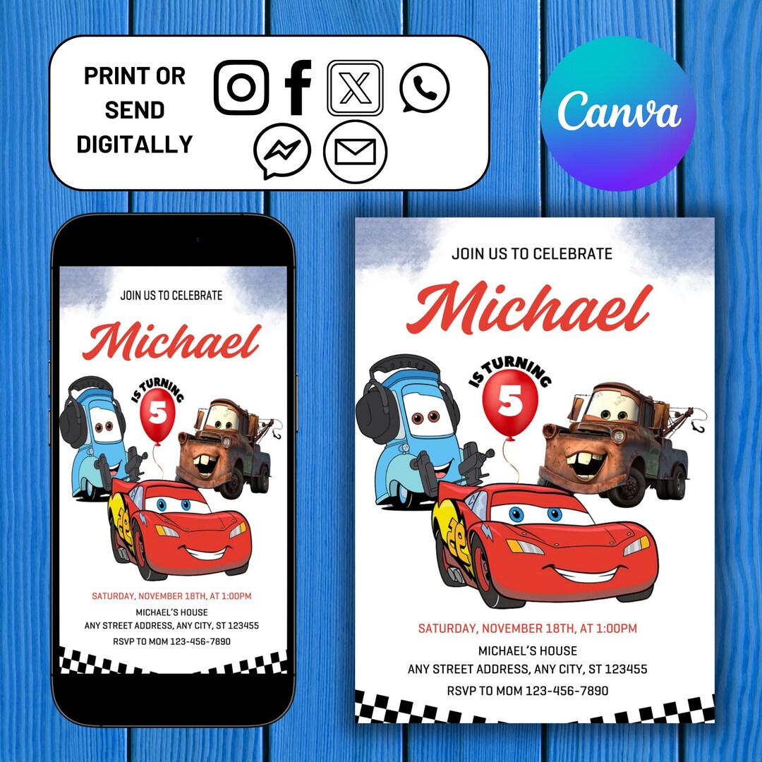 Cars Birthday Invitation, Mcqueen Birthday Evite, Cars Party Invitation ...