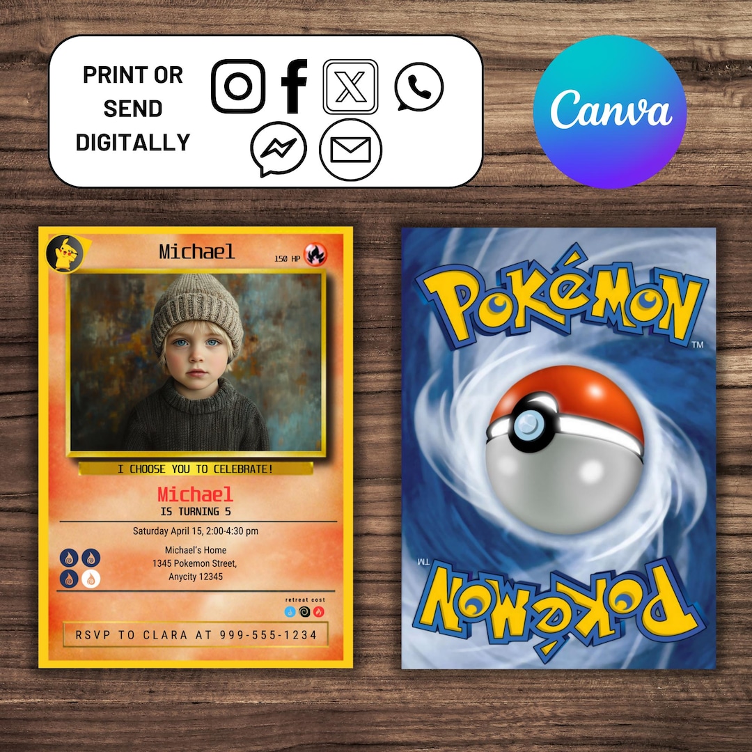 Pokemon Invitation, Kids Editable Invitation, Pokemon Birthday Evite ...