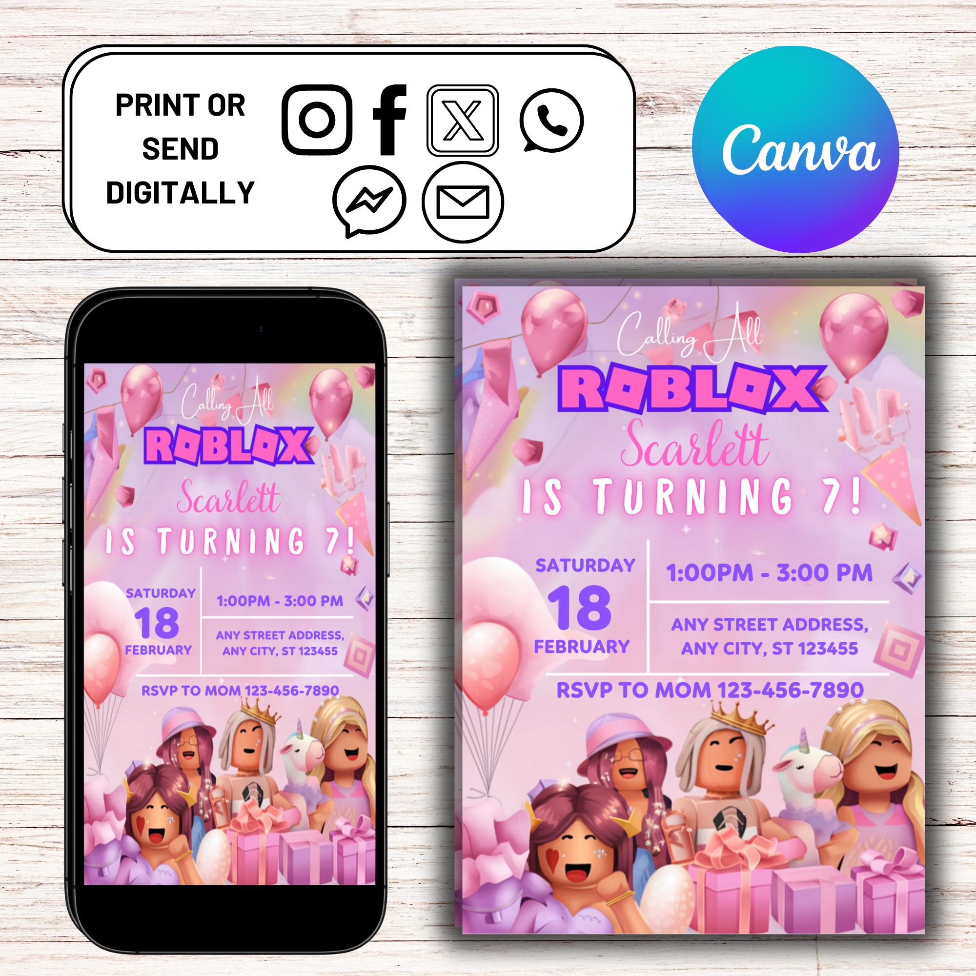 Editable Roblox Girl Invitation, Roblox Girl Birthday Party Theme ...