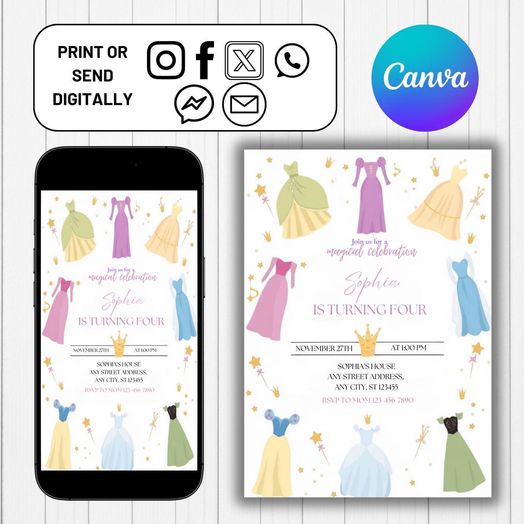 Princess Birthday Invitation, Girls Party Invitation, Princess Party ...