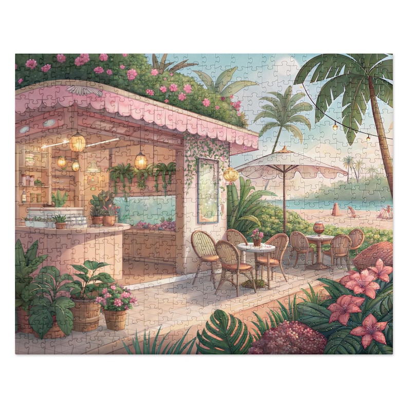 Tropical Beach Cafe Jigsaw Puzzle: Pink Coastal Scene - Etsy