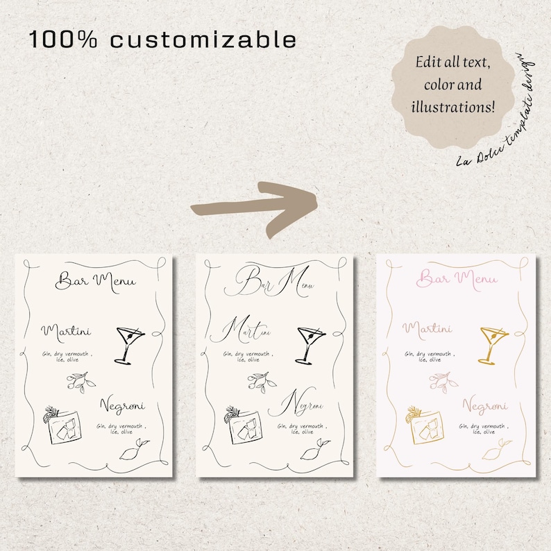 Bar Menu Template Custom Cocktail Hand Drawn & Handwritten Illustrated ...