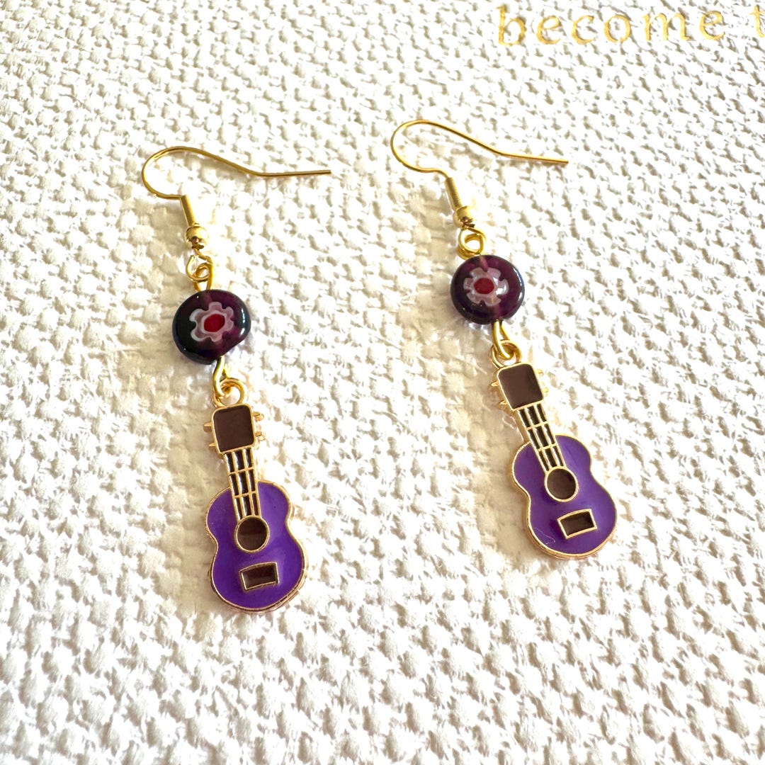 Purple Ukulele Earrings: Enamel Charm, Gold Plated, Millefiori Beads - Etsy