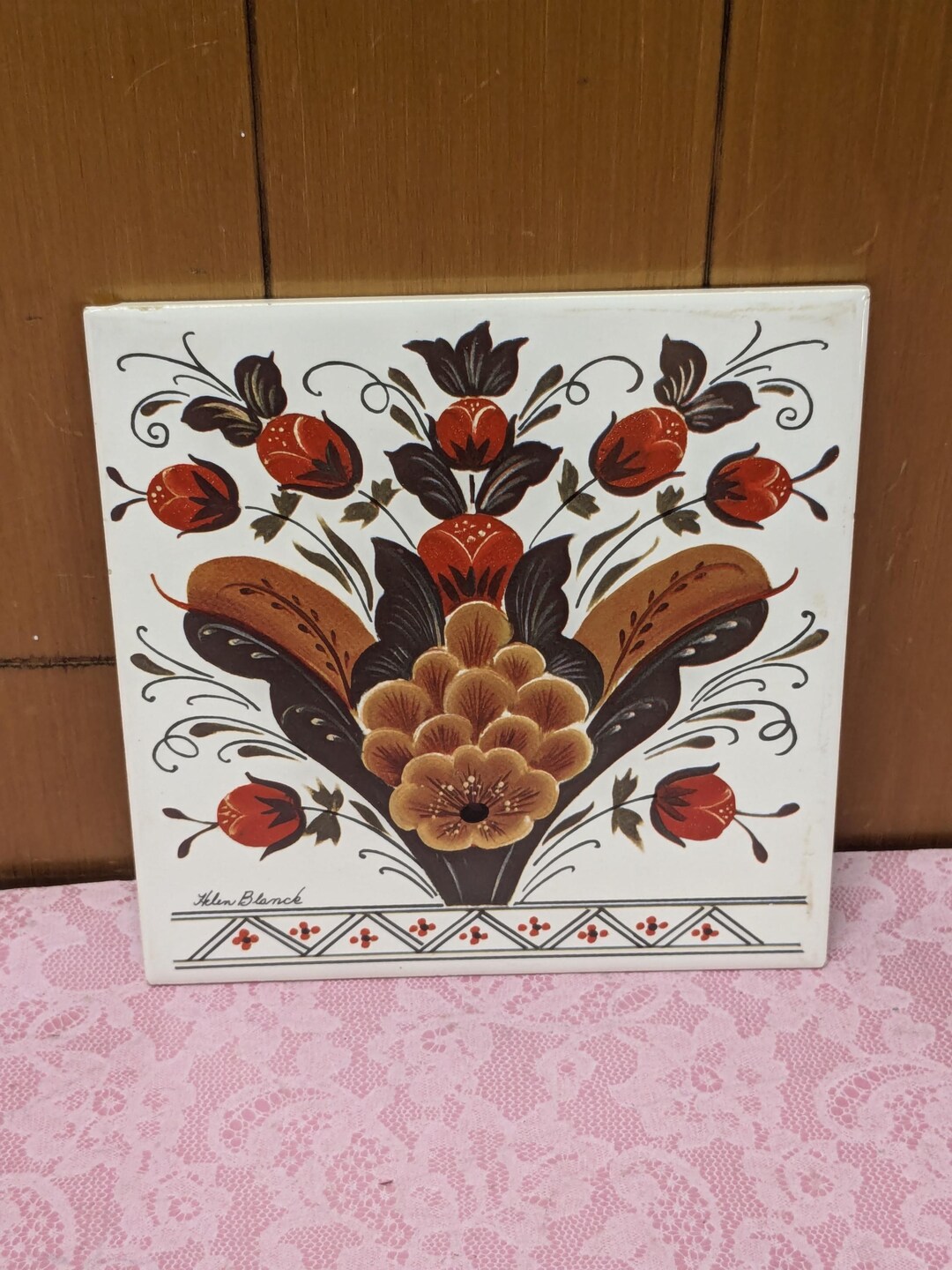 Vintage Hot Plate Trivet - Ceramic Tile Art With Cork Back Signed Helen ...