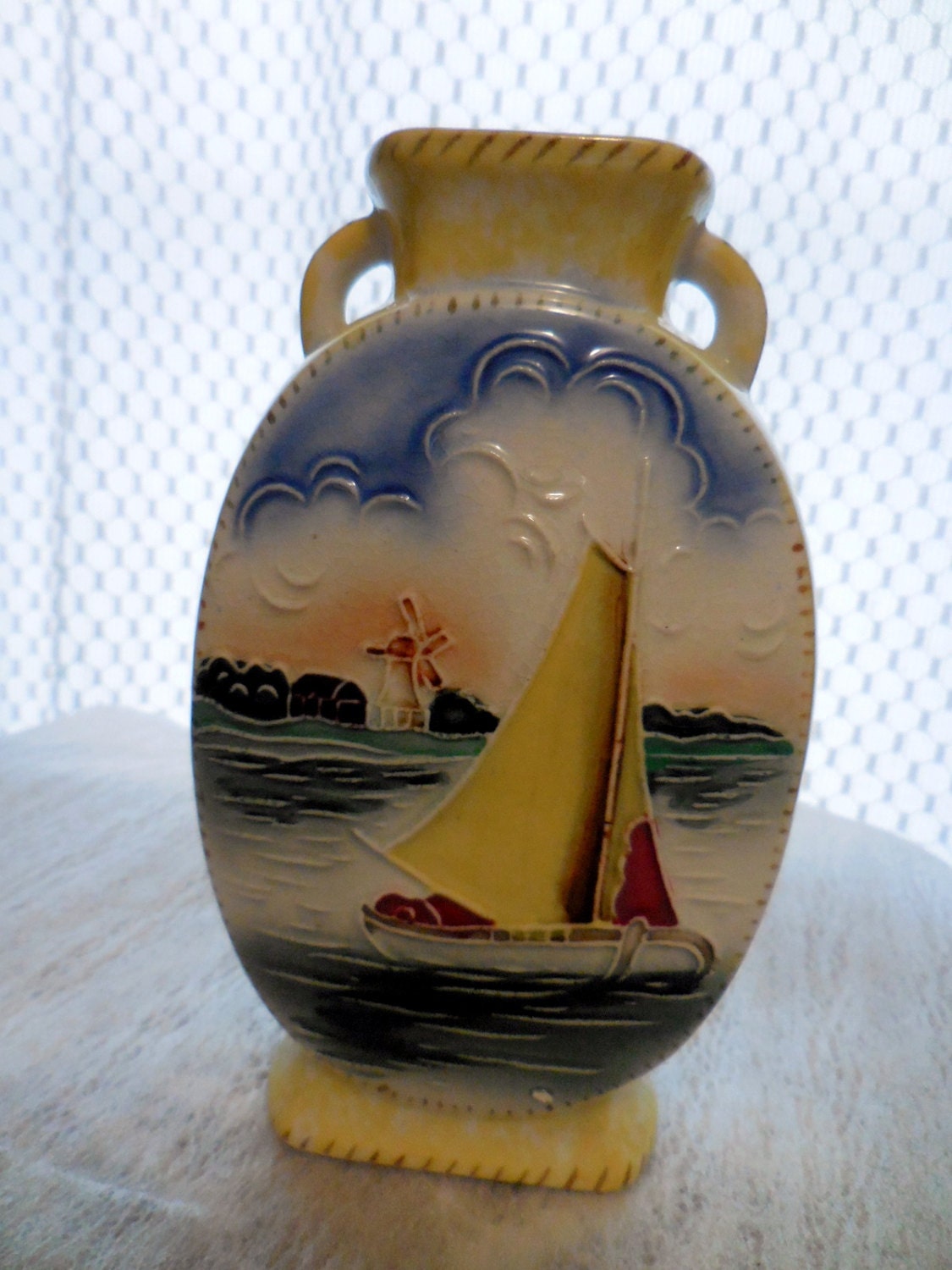 Italian Style Vase With Embossed Picture Sailboat Windmill Barn Blue ...