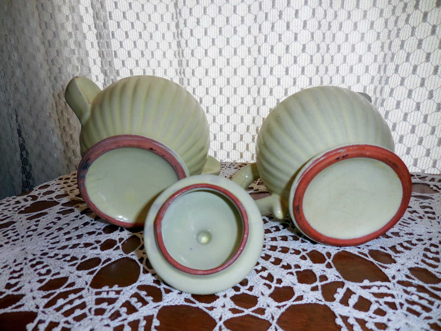 Rare Mint Green Glaze Redware Creamer and Sugar Bowl Set With Gold Trim ...