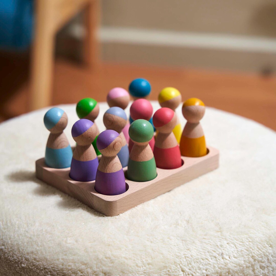 Wooden Peg Doll Set, 12 Pastel Rainbow Peg Doll Boys, Educational ...