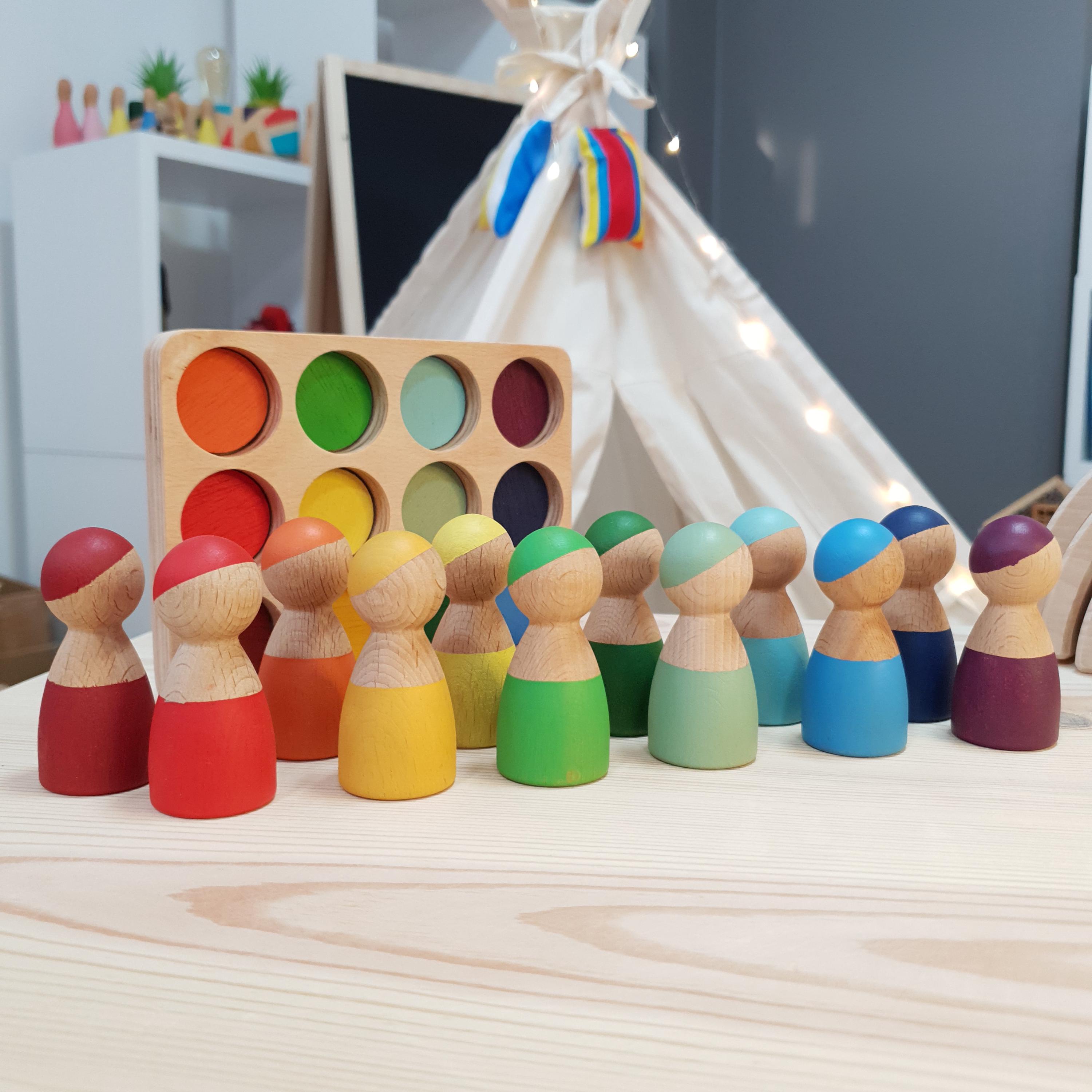 Wooden Peg Doll Set, 12 Pastel Rainbow Peg Doll Boys, Educational ...