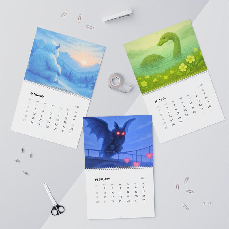 Cryptid Wall Calendar 2026, Folklore Art, Mythical Creatures Planner - Etsy