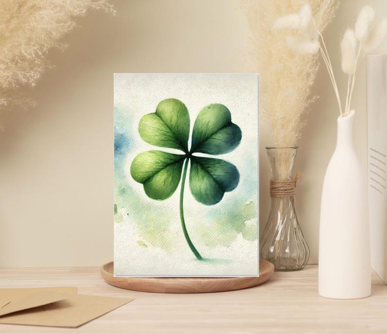 Watercolor Four Leaf Clover Cards: Shamrock St Patrick's Day Greeting ...