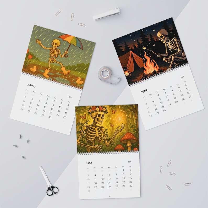Skeleton Illustrations Wall Calendar 2026 | Skull Art Monthly Calendar ...