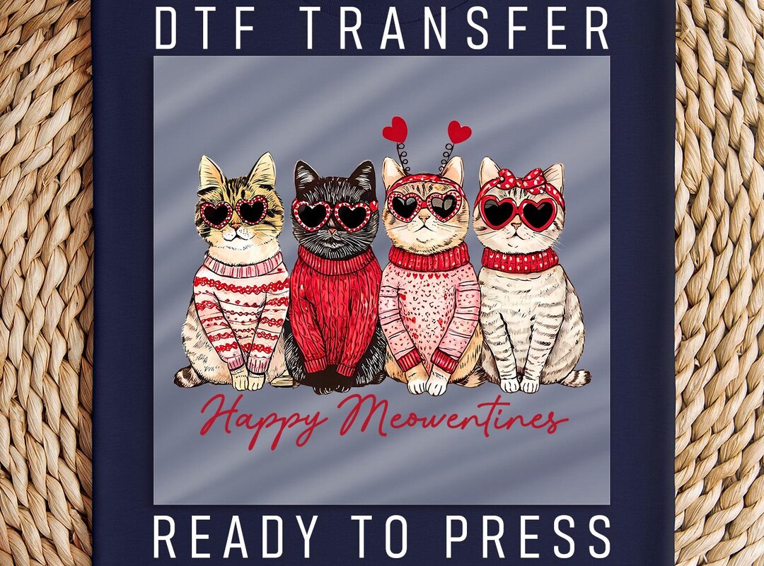 Valentine Cats DTF Transfer, Cute Feline Design With Heart Glasses and ...