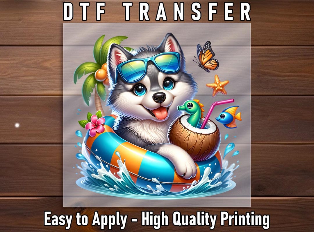 Husky Beach DTF Transfer, DIY Summer Shirt, Ready to Press, Fun Dog Print, Cute Coastal, Trendy ...