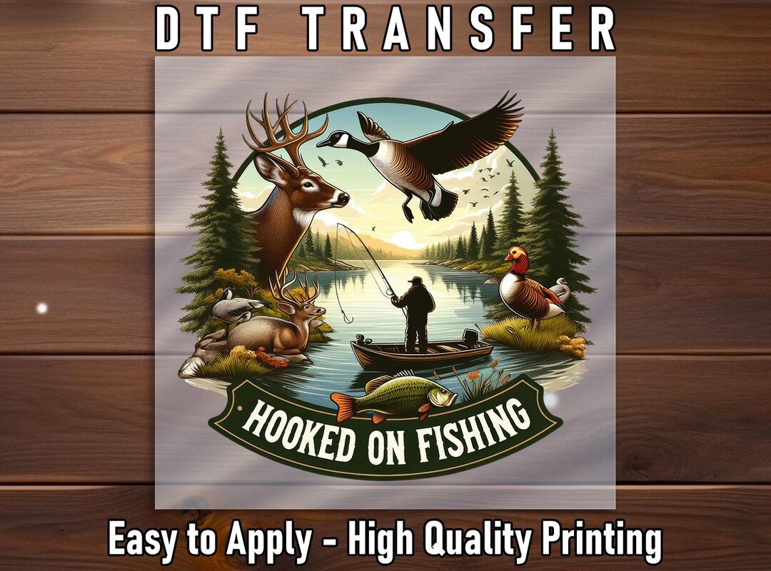 Hooked on Fishing Design DTF Transfer, Deer and Ducks Nature Art, Ready to Press Iron-on, Rustic ...