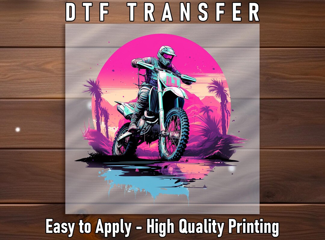 Dirt Bike Sunset DTF Transfer, Motocross Design With Pink and Blue Background, Ready to Press ...