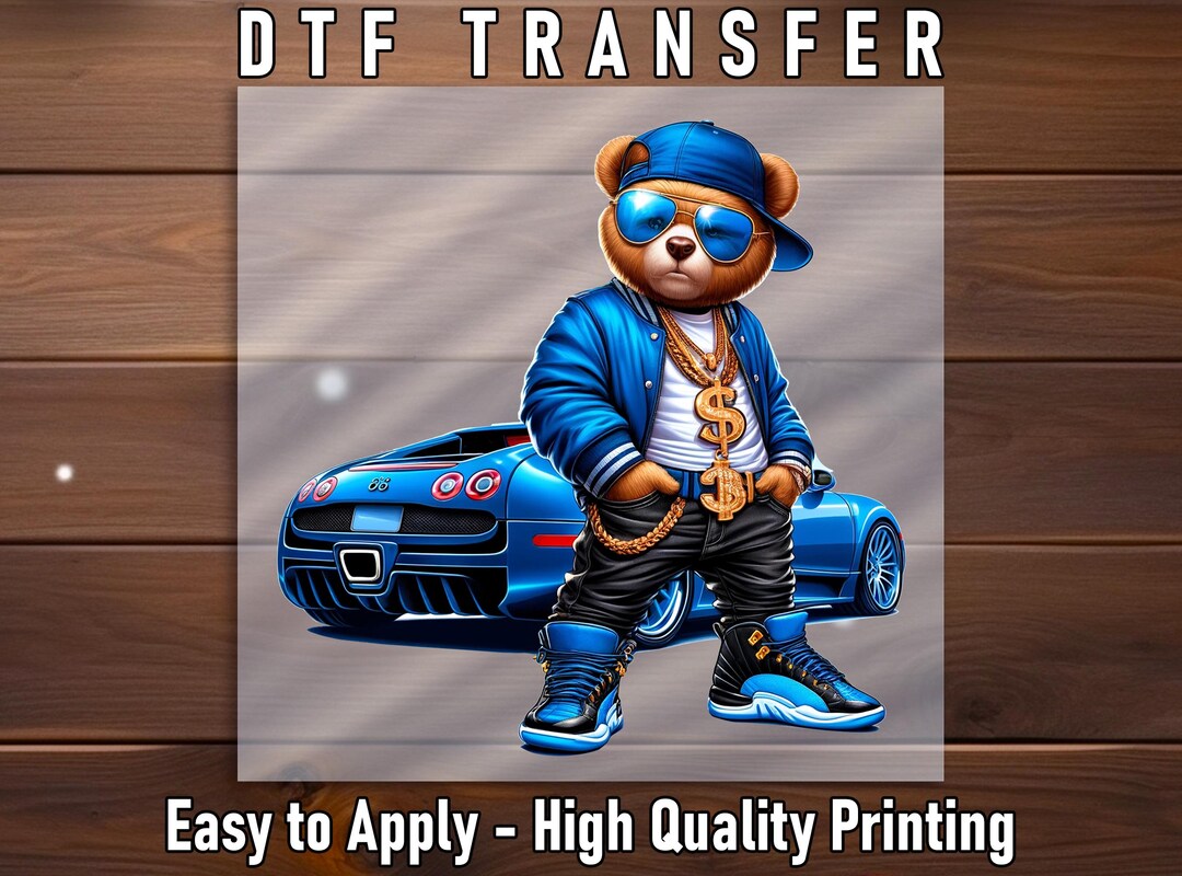 Blue Bear DTF Transfer, Stylish Bear and Luxury Car Design, Ready to ...