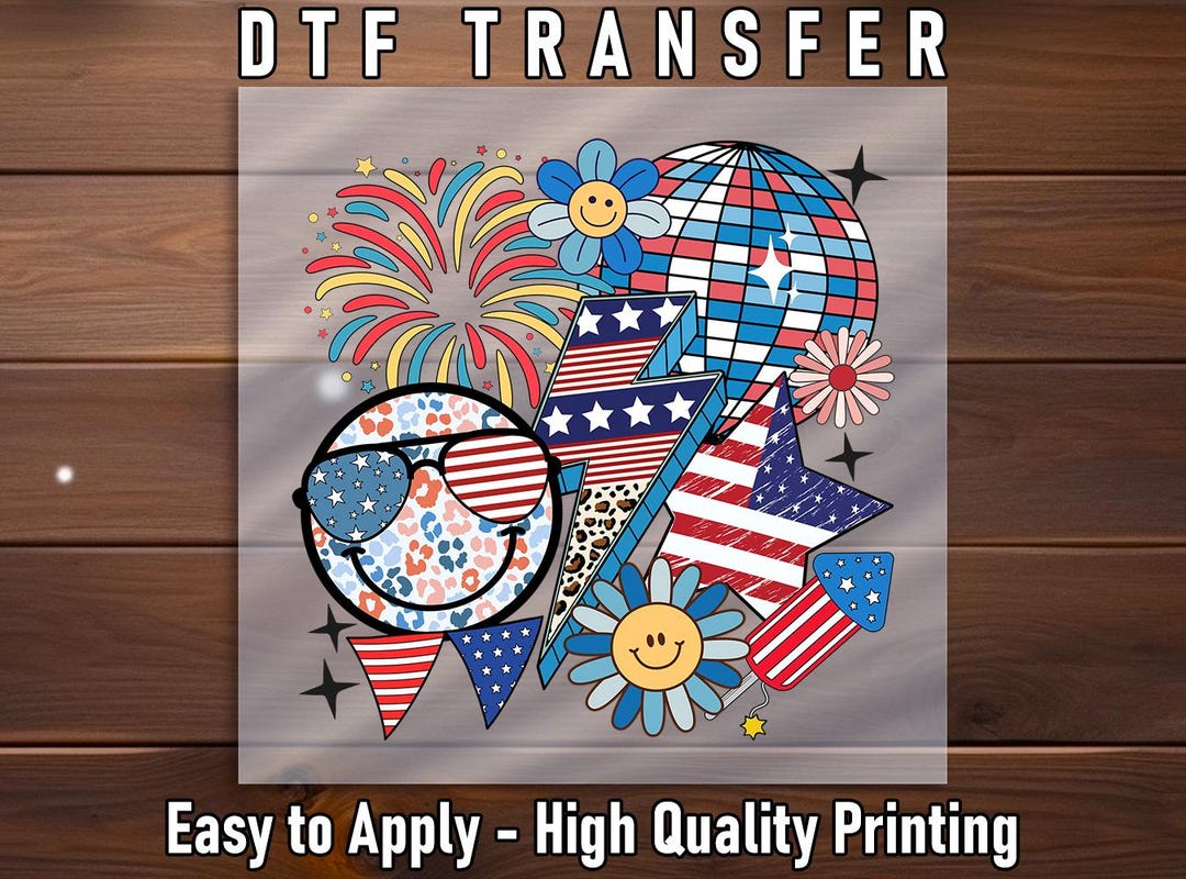 Retro USA DTF Transfer, Smiley Face With Fireworks, Disco Ball and ...