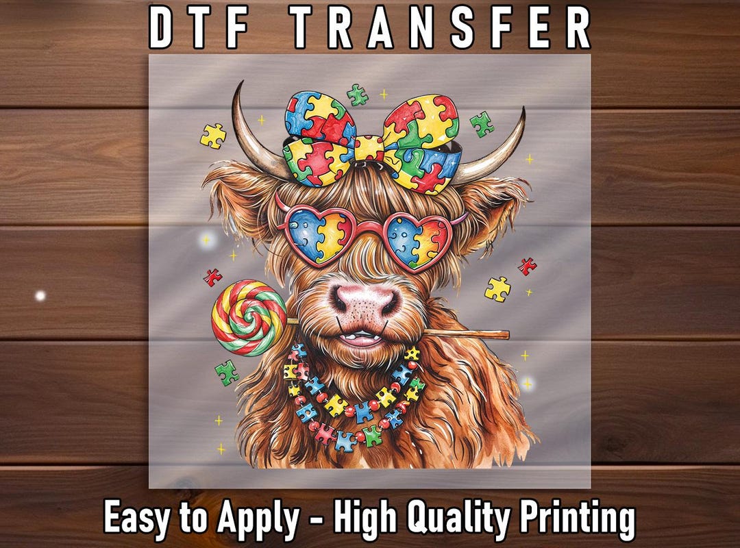Autism Cow DTF Transfer, Highland Cow With Puzzle Bow, Sunglasses ...